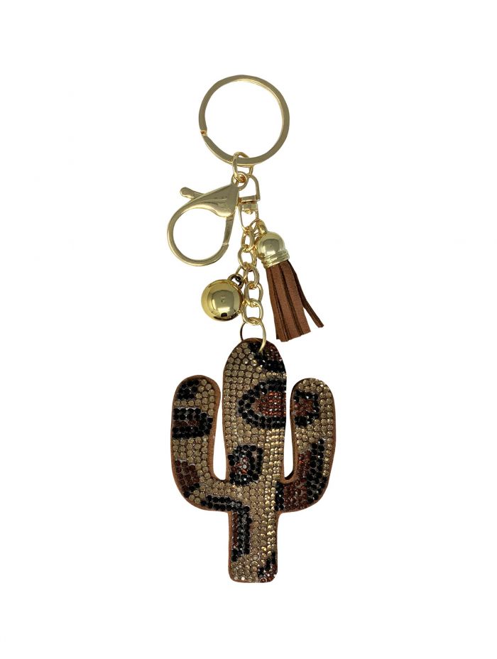 Bedazzled cheetah print cactus keychain with clip and tassel ...